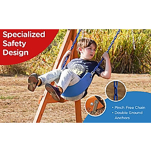 Dolphin Playground Swing Sets for Backyard with Slide, Wooden Outdoor Playset for Kids with Sandbox, Rock Climbing Wall, 2 Belt Swings, and Fort, Playground Sets for Backyards, Kids 3-6