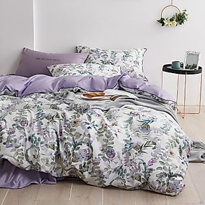 Garden Style Purple Floral Duvet Cover Queen Chic Floral Printed White Duvet Cover Vintage Flower Leaves Pattern Long Staple Cotton Comforter Cover Floral Botanical Duvet Cover Cottagecore Bedding Set