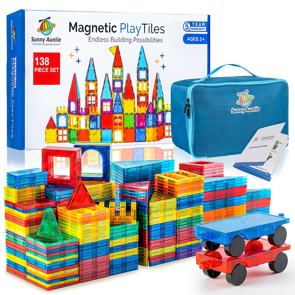 SUNNY AUNTIE Magnetic Tiles 138 PCS+ Bonus Zippered CASE, Magnetic Tiles for Kids Toy for 3 4 5 6 7 8 Year Old Boys & Girls, Great Gift for Kids Aged 3-8, XL Set