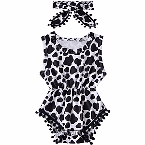 Ahegao Infant Girls Cow Print Rompers for Toddlers Cute Black and White Dots Bodysuits Crewneck Buttons Snap Design Jumpsuits with Tassel Kids Boy Casual Sleeveless Outfits Lovely Clothes, 3-6 Months