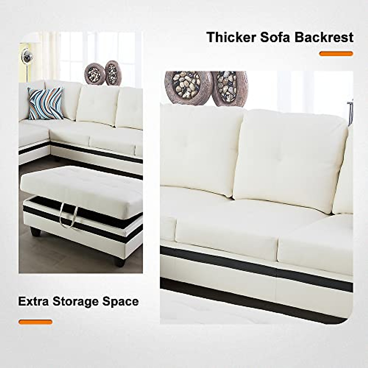 GEBADOL 103" Wide Sectional Living Room Furniture Set L-Shape Sofa Chaise and Storage Ottoman 3 Pieces Faux Leather Couch Set (White&Black/Left-Hand Facing)