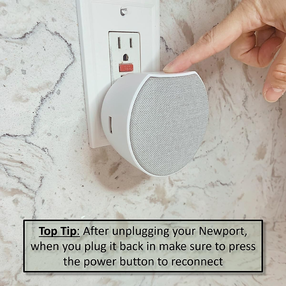 OC Acoustic Newport Plug-in Outlet Speaker with Bluetooth 5.1 and Built-in USB Type-A Charging Port (Gray/White)