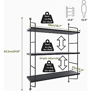 Industrial Wall Mounted 3-Tier Floating Shelf, Adjustable Wall Storage Rack, Decorative Hanging Display Shelf for Bedroom, Living Room, Bathroom, Kitchen, Office