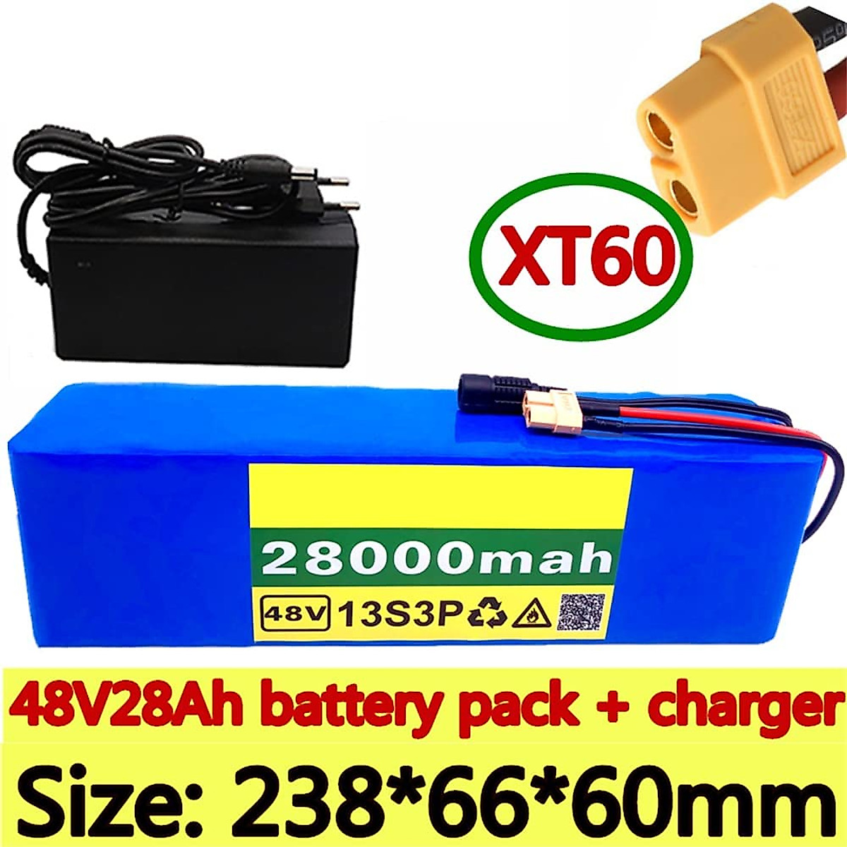 Tiahf 48V 28Ah E-Bike Battery, 13S3p Electric Scooter Lithium Ion Battery with Xt60 Plug +Charger, Built-in 30A BMS, for 350W 500W 750W 1000W Motor Ebike Electric Bicycle