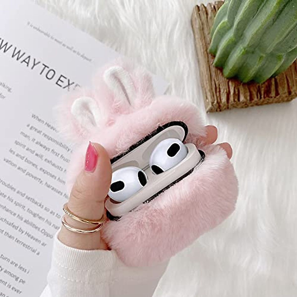 Cute Plush Rabbit Ears Airpods 3 Case 2021, Fluffy Soft Shockproof Anti-Fall Protective Case Cover for AirPods 3rd Generation (Grey)