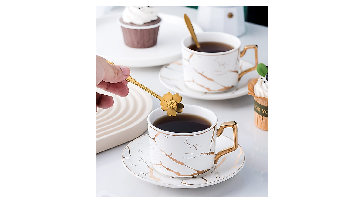 Jusalpha Golden Marble Ceramic Tea & Coffee Cups Set (4 Pcs)