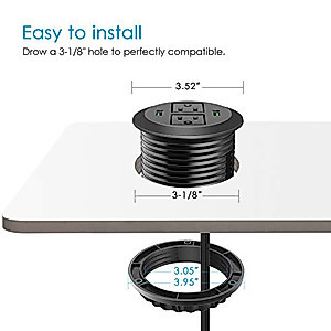 3 inch Desk Power Grommet, USB Grommet with Green Port, Desk Hole Round Grommet Outlets with 2 AC Outlets and 2 USB Ports 6.5FT Heavy Duty Power Cord