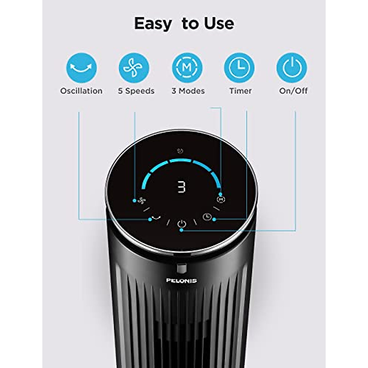 PELONIS 42’’ Oscillating Tower Fan with Aromatherapy Diffuser, Remote Control, 5 Speed Settings with 3 Modes LED Display for Bedroom Home Office Use, Black
