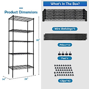 YIQIEDEY 5 Tier Shelf Display Shelf Garage Racks for Storage Garage Shelf with Adjustable Wire Shelving Unit Metal Shelf Garage Shelf for Laundry Bathroom Kitchen Pantry Closet(30" Lx14 Wx61 H,Black)