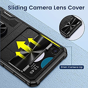 VEGO for Samsung Galaxy Z Flip 4 Case with Slide Camera Cover, Hinge Protection Case with 360°Ring Magnetic Kickstand & Belt Clip Holster Heavy Duty Protective Armor Case for Galaxy Z Flip 4 - Black