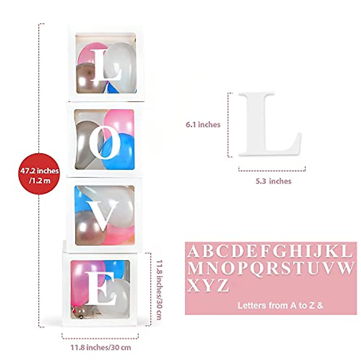 ToBsoft 4pcs Baby Shower Boxes with 52 Letters (2 Set A-Z ) Letters and 32 Balloons White Clear Balloon Box Blocks for Baby Shower and Birthday Party, Blue