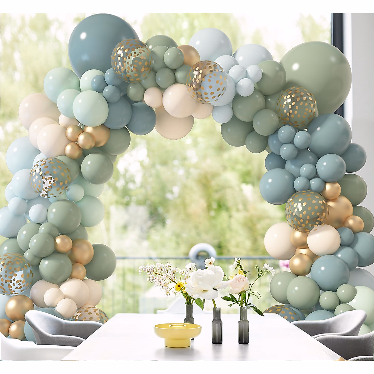 Amandir 170Pcs Dusty Blue Green Balloon Garland Arch Kit, Haze Fog Blue Ash Mist Sage Green Sand White Gold Confetti Balloons for Baby Shower Wedding Bridal Boho Birthday Party Backdrop Decorations