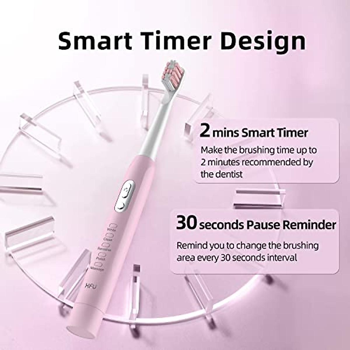 XFU Sonic Toothbrushes for Adults and Kids, 3 Brush Heads, with 5 Modes and IPX7 Waterproof, Battery Electric Toothbrush Build in 2 Mins Timer 40,000 VPM XF-11 Pink