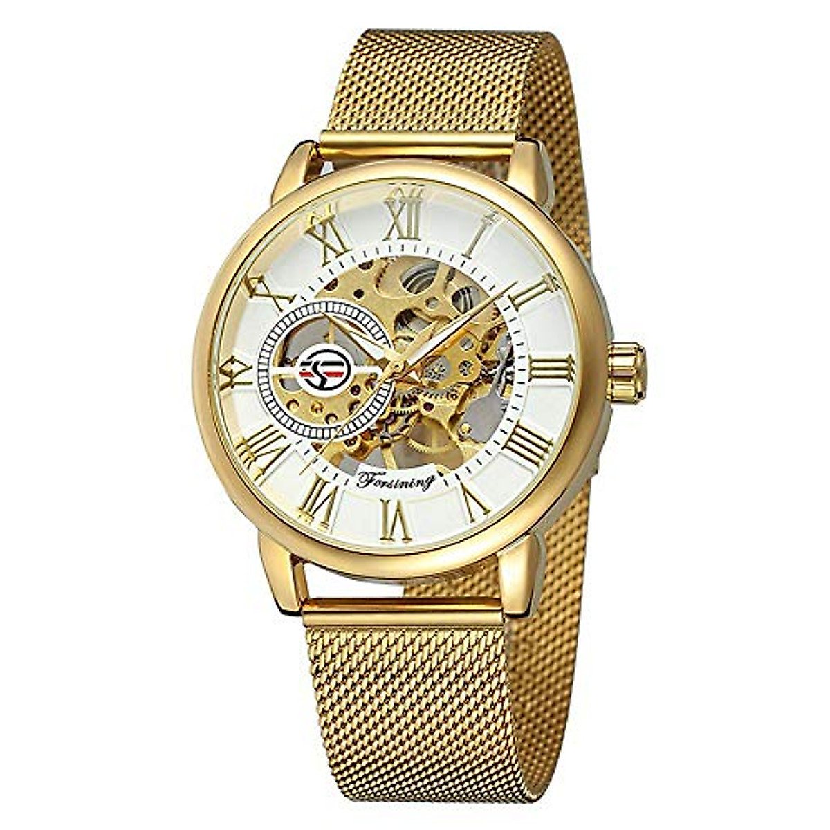 MASTOP Men's Hand-Wind Mechanical Wrist Watch Golden Black Stainless Steel Top Brand with Luxury Skeleton Dial (Gold White)