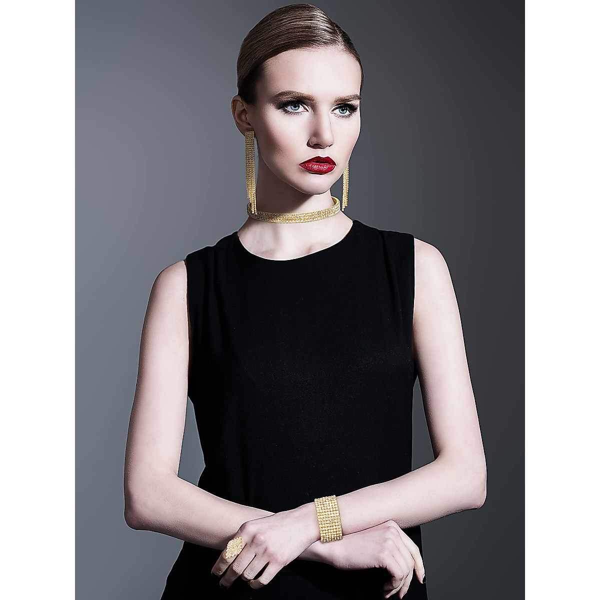 Hicarer 3 Pieces Women Rhinestone Jewelry Set Rhinestone Choker Stretch Bracelet Bangle Crystal Rhinestone Necklace Ring Dangle Fringe Earrings for Wedding Bridal Birthday Party Accessories