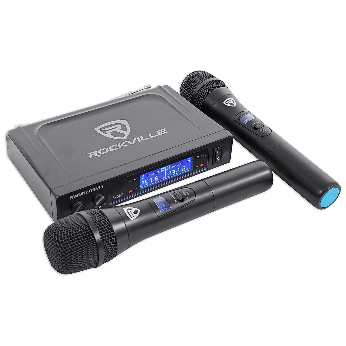 NYC Acoustics X-Tower Dual 4" Bluetooth Speaker w/Sound Activated LED's+Remote Bundle with Rockville RWM1203VH VHF Wireless Dual Handheld Microphone System/Digital Display