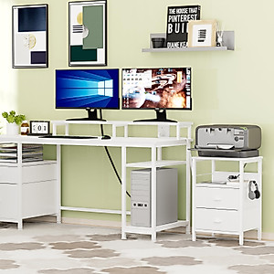 Furologee End Table with Charging Station, Nightstand with Fabric Drawers, Side Tables with USB Ports & Outlets, Night Stand with Storage Shelf & Hooks, for Living Room/Bedroom, White