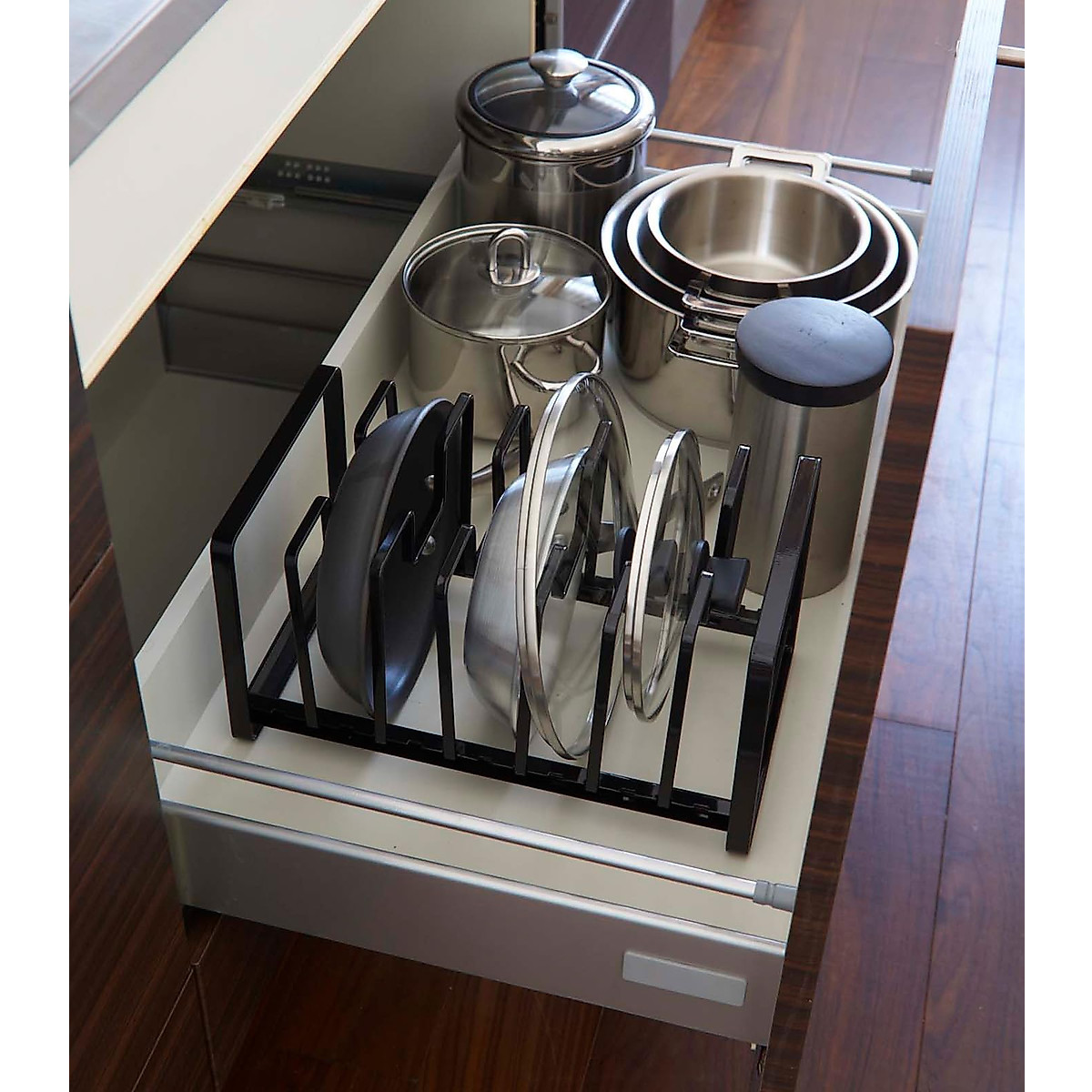 YAMAZAKI Home Tower Under Sink Pot Lids And Frying Pan Storage Kitchen Drawer Organizer Rack - Steel