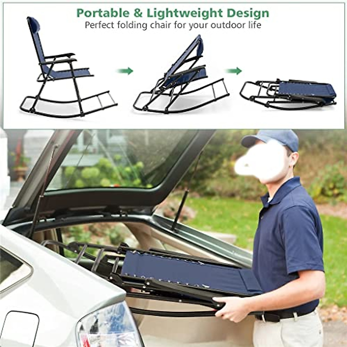 PDGJG 2 Piece Patio Camping Rocking Chair Folding Rocking Chair Footrest