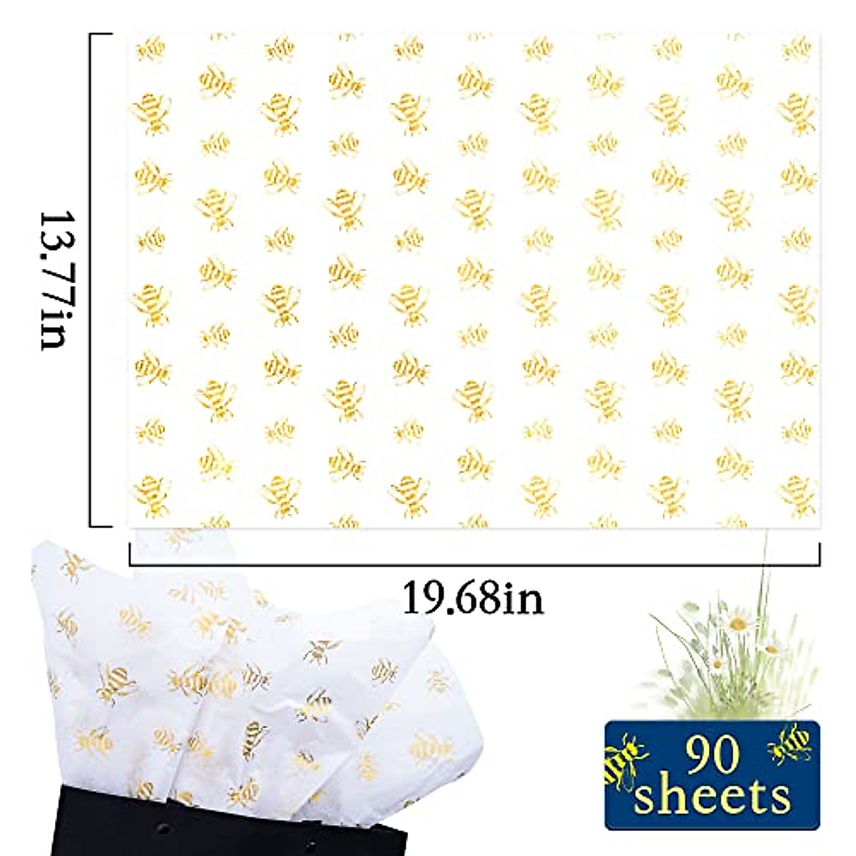 MR FIVE 90 Sheets White with Gold Bee Tissue Paper Bulk,20" x 14",Gold Bee Design Tissue Paper for Gift Bags,Gold Bee Gift Wrapping Tissue Paper for Bee Party