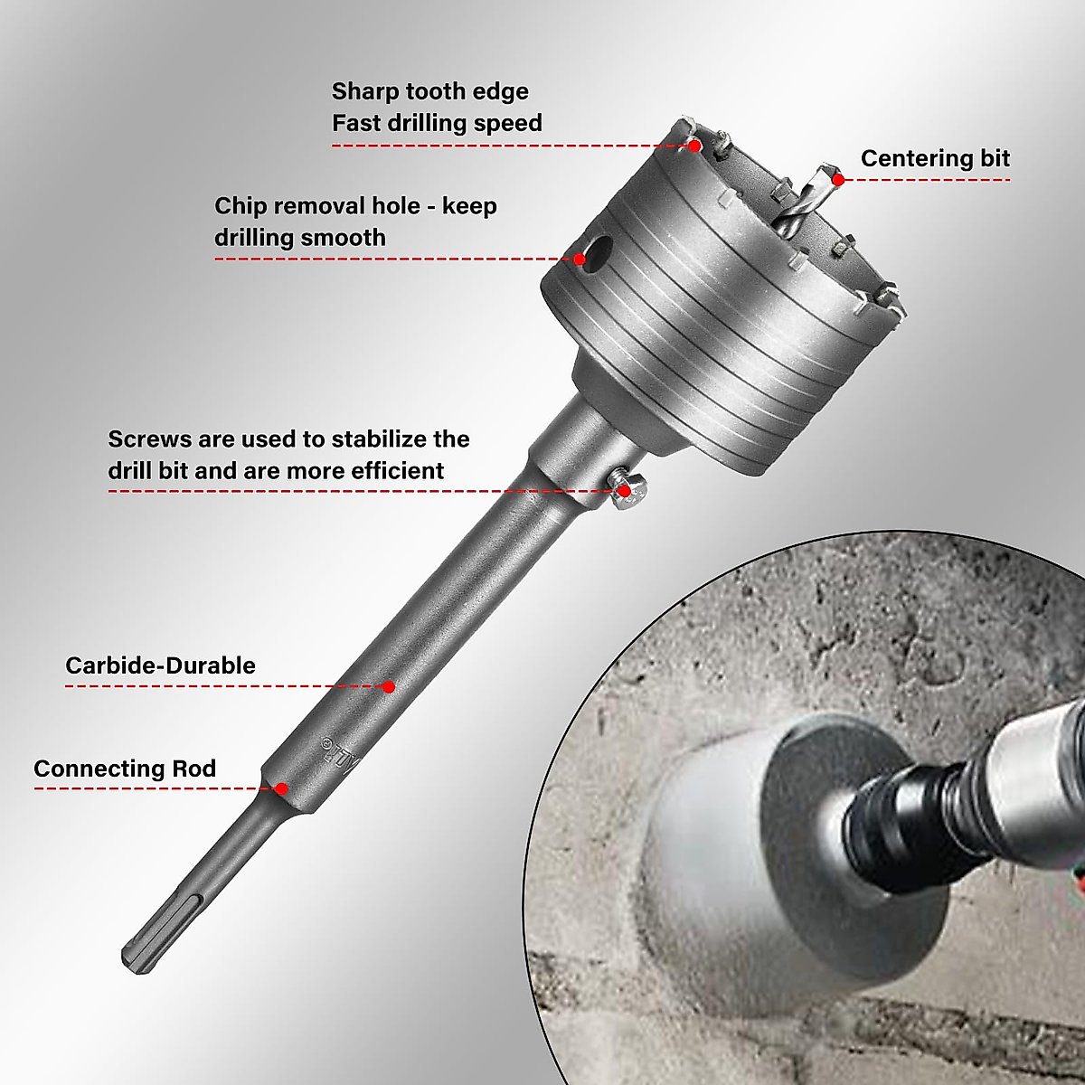 SALI Concrete Hole Saw Kits 4-1/8"（105mm） Tungsten Steel Wall Hole Cutter Drill Bit Sets with 220mm SDS Plus Shank Connecting Rod，110mm Center Positioning Drill Bits for Cinder Block,Brick,Adobe Wall