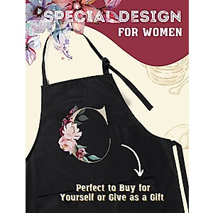 Initial Black Apron for Women with Pockets, Kitchen Cooking Gardening Cute Apron Gifts for Her, Chef, Mom, Artists, Hair Stylists, Funny Gifts for Women, Friends, Sisters, Grandma - C