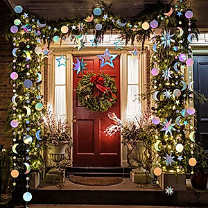 7 Pcs Iridescent Moon Star Garland Streamer, Bling Bling 3D Twinkle Little Stars Hanging Decor Backdrop for Baby Shower Birthday Graduation Eid Mubarak Party Decoration