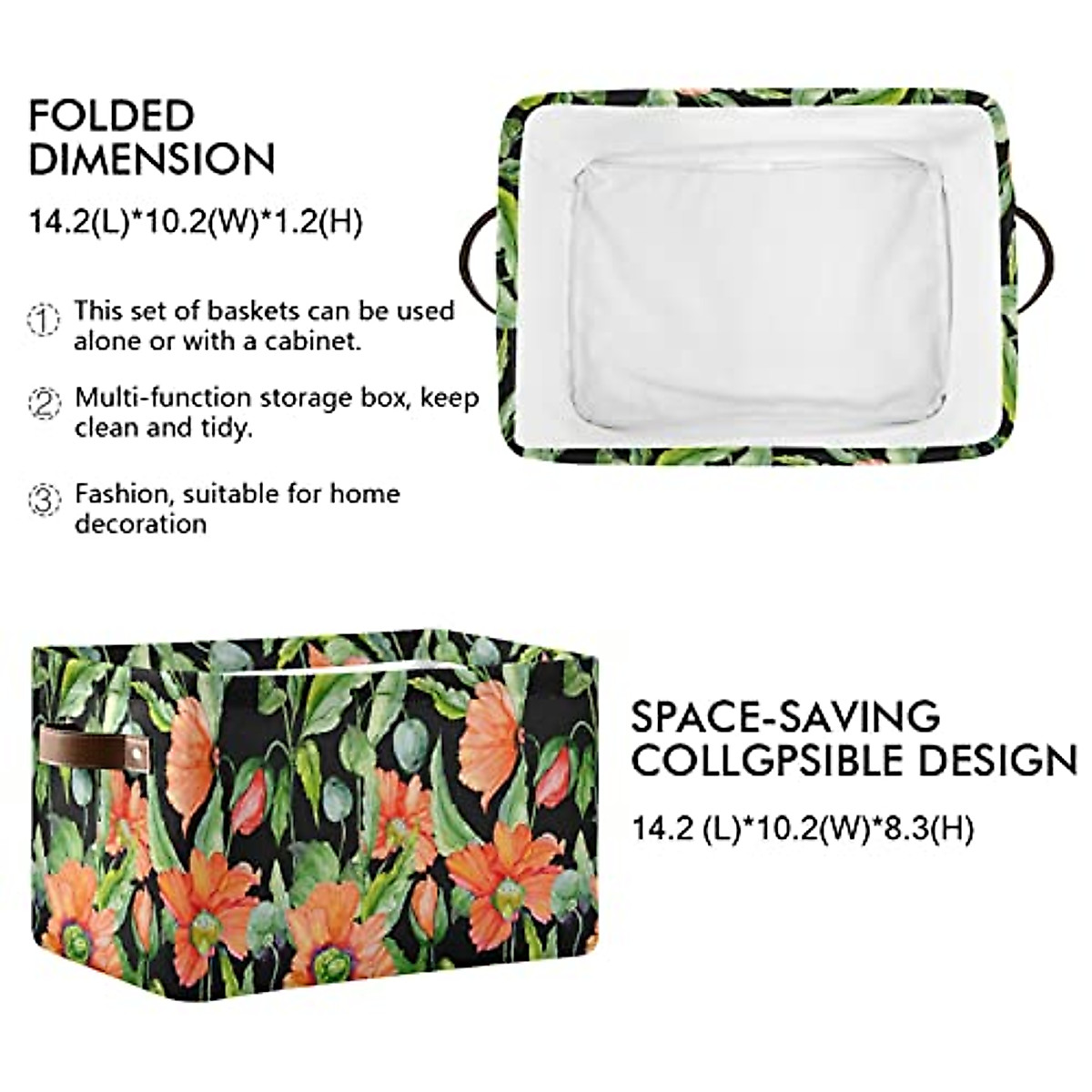 Large Foldable Storage Basket Red Poppy Flowers Black Storage Bin Canvas Toys Box Fabric Decorative Collapsible Organizer Bag with Handles for Bedroom Home