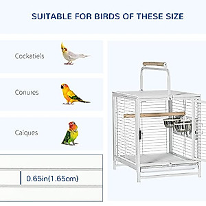 PawHut 19" Travel Bird Cage Parrot Carrier with Handle Wooden Perch for Cockatiels, Conures, White