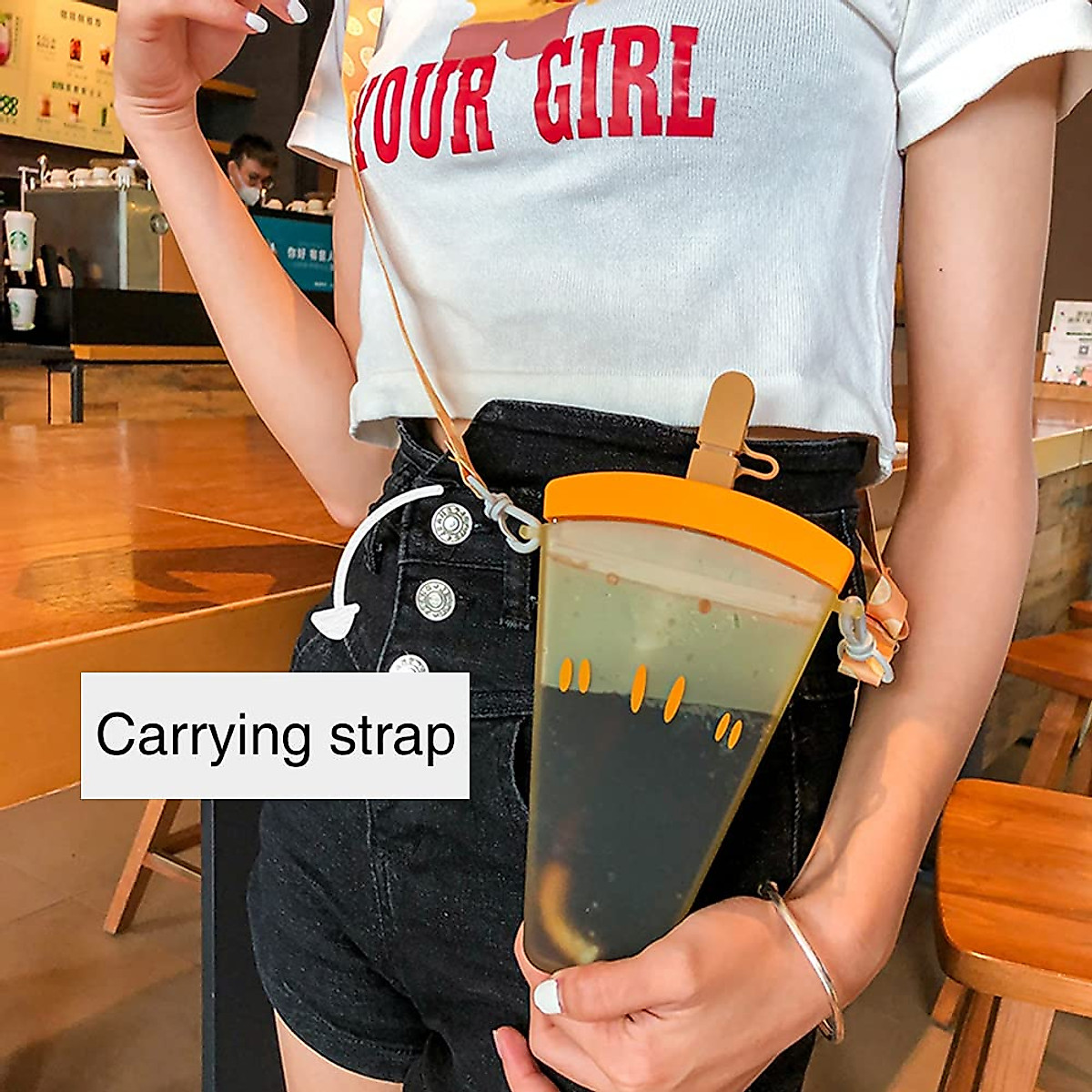 1 Pieces Cute Ice Cream Water Bottles with Strap Kawaii Drinking Bag Ice Bar Transparent Leakproof Plastic Jug Cup Drink Water for Camping Sports Shopping Kids Girls 320ml- Watermelon