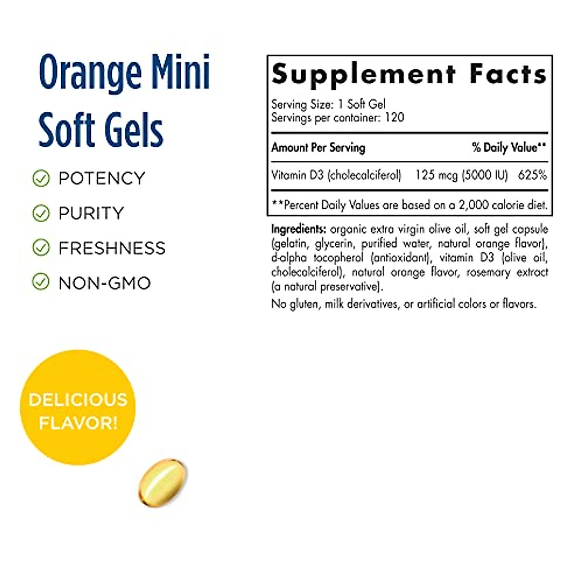 Nordic Naturals Vitamin D3 5000, Orange - 120 Mini Soft Gels - 5000 IU Vitamin D3 - Supports Healthy Bones, Mood & Immune System Function - Non-GMO - 120 Servings