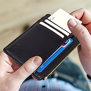 Small Card Wallet for Women Slim Rfid Front Pocket Card Cases Holder Zipper Coin Purse (A-Lichee Leather-Yellow)