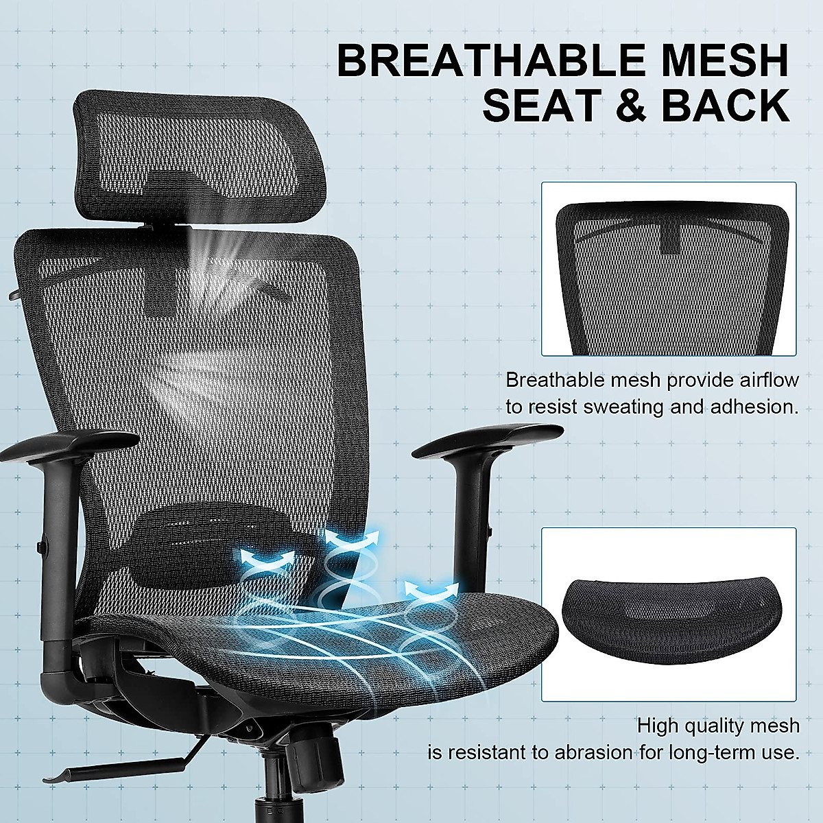 COMHOMA Ergonomic Executive Mesh Office Chair, Mesh Seat Computer Task Chair Swivel Height Adjustable Headrest Armrest Lumbar Support Caster Wheels Black