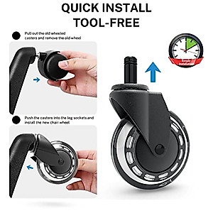 MaxGear 3" Office Chair Wheels, Replacement Soft Rubber Mute Heavy Duty Casters, Universal for All Floors Hardwood & Carpet Mats, Standard Stem 7/16" Fit 99% Computer Chair, Set of 5, Black