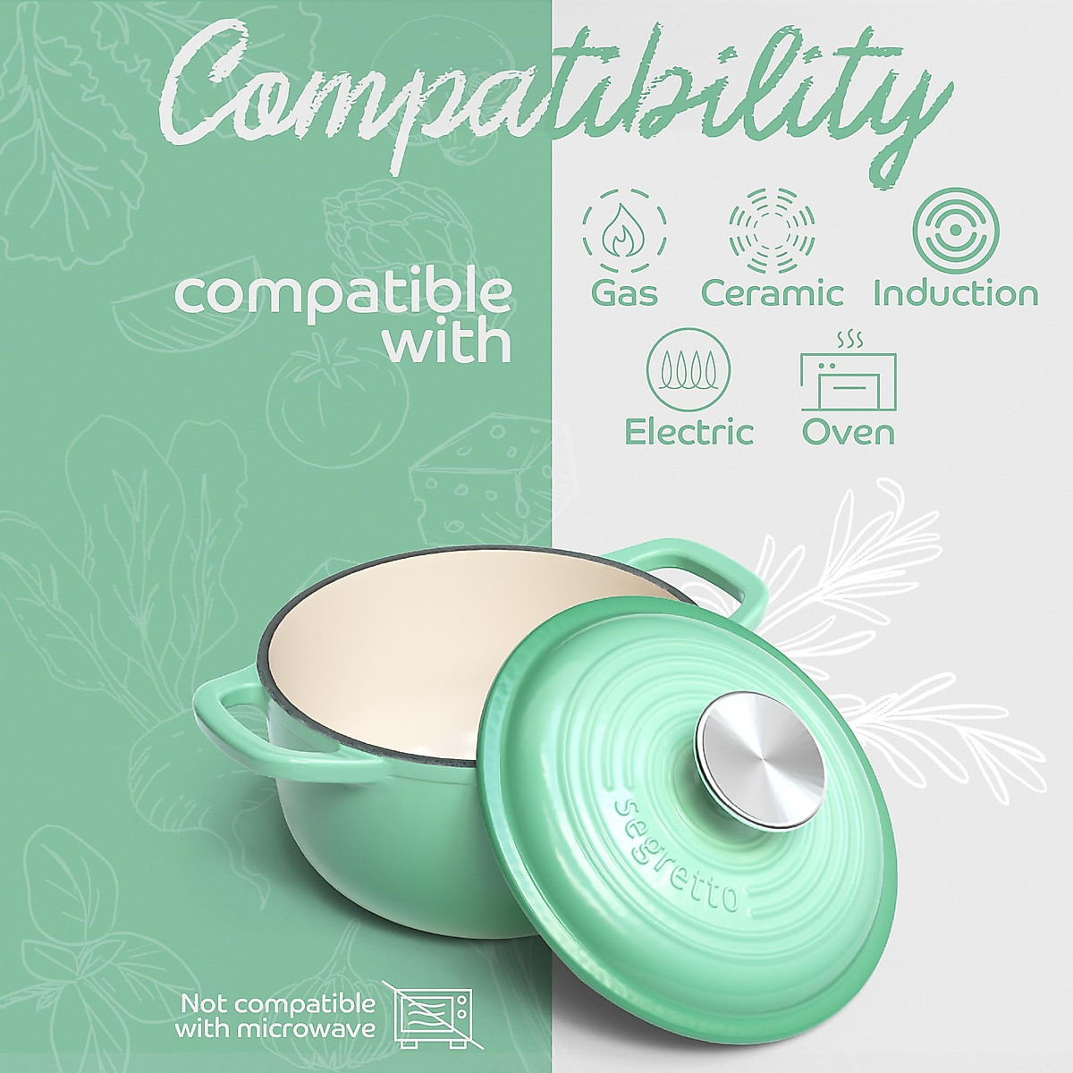 Segretto Cookware Enamel Dutch Oven Cast Iron with Handle Verde Chiaro (Light Green) 1.7 Quarts Enameled Cast Iron Dutch Oven with Lid Oven Cookware Pot 1.7 qt Small Dutch Oven for Bread Baking