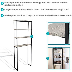 Sunnydaze 4-Tier Over The Toilet Storage Shelf - Industrial Style with Freestanding Open Shelves with Veneer Finish and Black Iron Frame - Etagere Bathroom Space-Saver Organizer - Oak Gray - 69-Inch