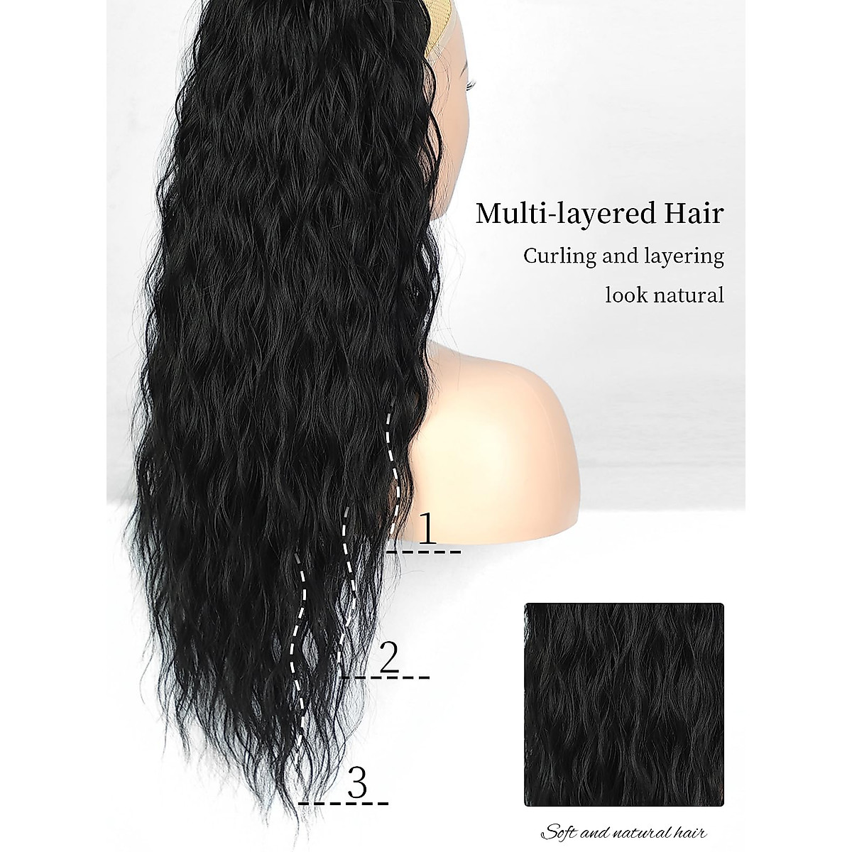 Rosooi 26 Inch Long Black Drawstring Ponytail Extension for Women Synthetic Long Curly Wavy Clip in Ponytail Hair Extensions for Daily Party Use (26 Inch, Black)