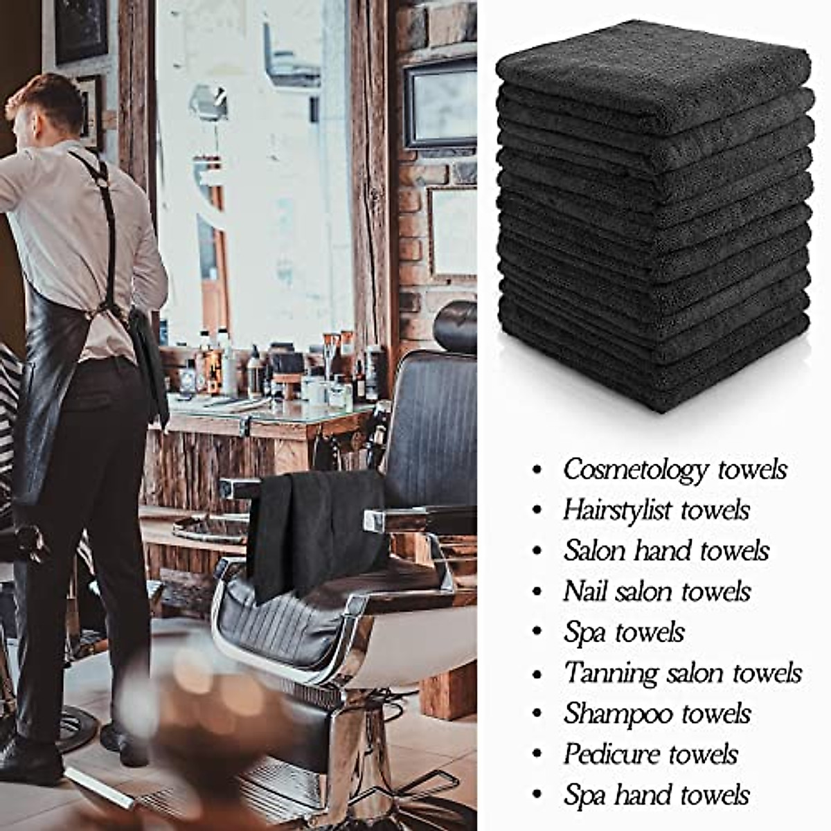 40 Pack Bleach Proof Towels Microfiber Absorbent Salon Towels Bleach Resistant Hair Towel Quick Dry Hand Towels Bulk 16 x 29 Inches for Gym, Bath, Spa, Shaving, Barber (Black)