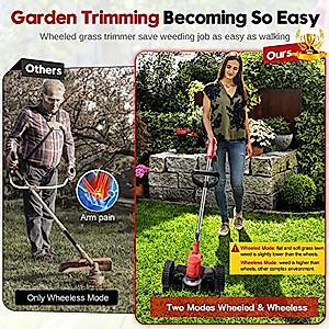 Cordless Weeder Mower Battery Powered 21V 2000mAh, Electric Weeder Brush Cutter, Height Adjustable Edge Trimmer Mini Mower 3-in-1 Cutting Tool, 8 Blades, 1 Wheel, 2 Batteries, 1 Charger