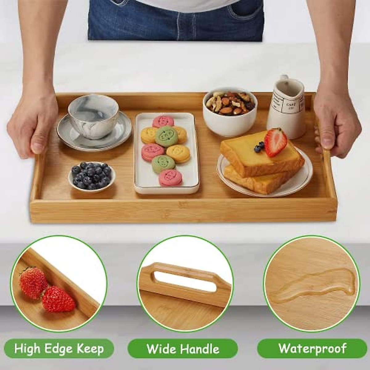 AMONE Serving Tray with Handles，Bamboo Wooden Tray Great for Dinner Trays, Tea Tray, Bar Tray, Breakfast Tray, or Any Food Tray - Good for Parties and Outdoors (2Pack)