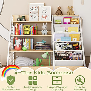 Yeyawomy Kids Book Shelf,4 Tier Wooden Bookshelf,5 Layer Sling Children Bookcase,Toy Organizer Cabinet Chest,Book Display Shelf with Metal Frame, Nursery Playroom Classroom Library (Natural)