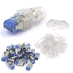 VCELINK (Gen 1 CAT6A/CAT7 Shielded Connector with Strain Relief Boots 25-Pack, Non-Pass Through RJ45 Ethernet Ends 3-Prong Gold Plated 8P8C Modular Plugs for FTP/STP Cable