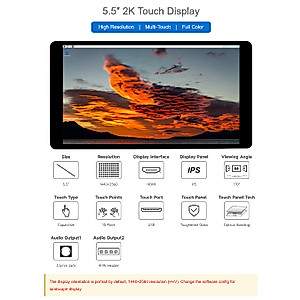 waveshare 5.5inch 2K Capacitive Touch LCD Display Compatible with Raspberry Pi 5/4B/3B+/Pi 3B/Zero 2w/Zero w and CM4 Supports Windows 11/10/8.1/8/7