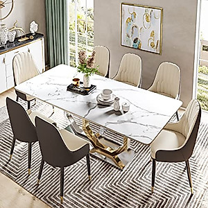 POVISON Modern Faux Marble Dining Table for 6-8, White Rectangular Dining Table Tabletop with Steel Golden Hexagonal-Legs, Kitchen Table for Dining Room Table, 63'' (Table only)