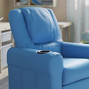 HBCY Creations Kid's Recliner - Light Blue Vinyl Upholstery - Integrated Cupholder - Padded Headrest - Safety Recline Feature