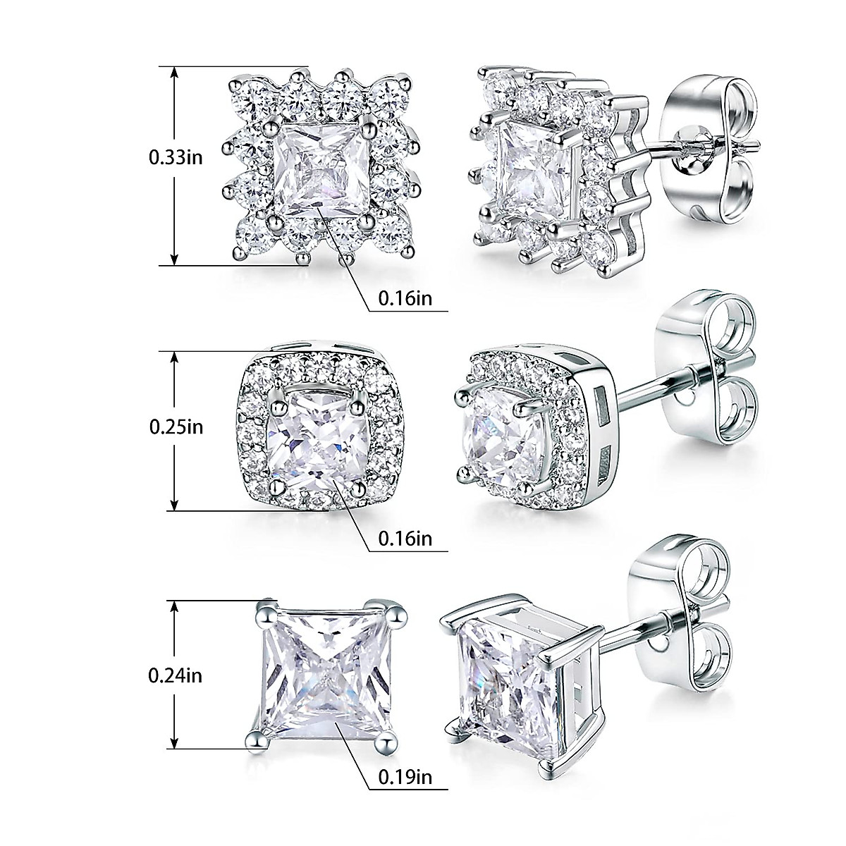 White Gold Plated Square Cut Diamond Cubic Zirconia Stud Earrings Prong Setting Halo Earrings for Women Men