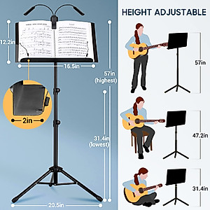 CAHAYA 6 IN 1 Sheet Music Stand with Stand Light Desktop Book Stand with Carrying Bag, Sheet Music Folder & Clip Metal Portable Solid Back for Guitar, Ukulele, Violin Players