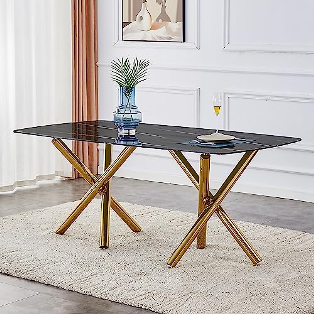71’’ Modern Glass Dining Table for 8, Large Rectangular Dining Room Table with Golden Metal Legs, Minimalist Kitchen Table for Restaurant, Meeting Room, Imitation Marble Black Desktop