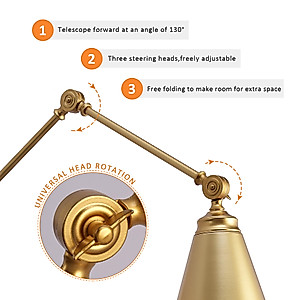 SUNLLOK Modern Gold Plug in Wall Sconce with Switch - Industrial Adjustable Swing Arm Hanging Wall Light Fixture - Indoor Metal Rustic Reading Wall Mounted Lamp Decoration for Living Room Kids Bedroom