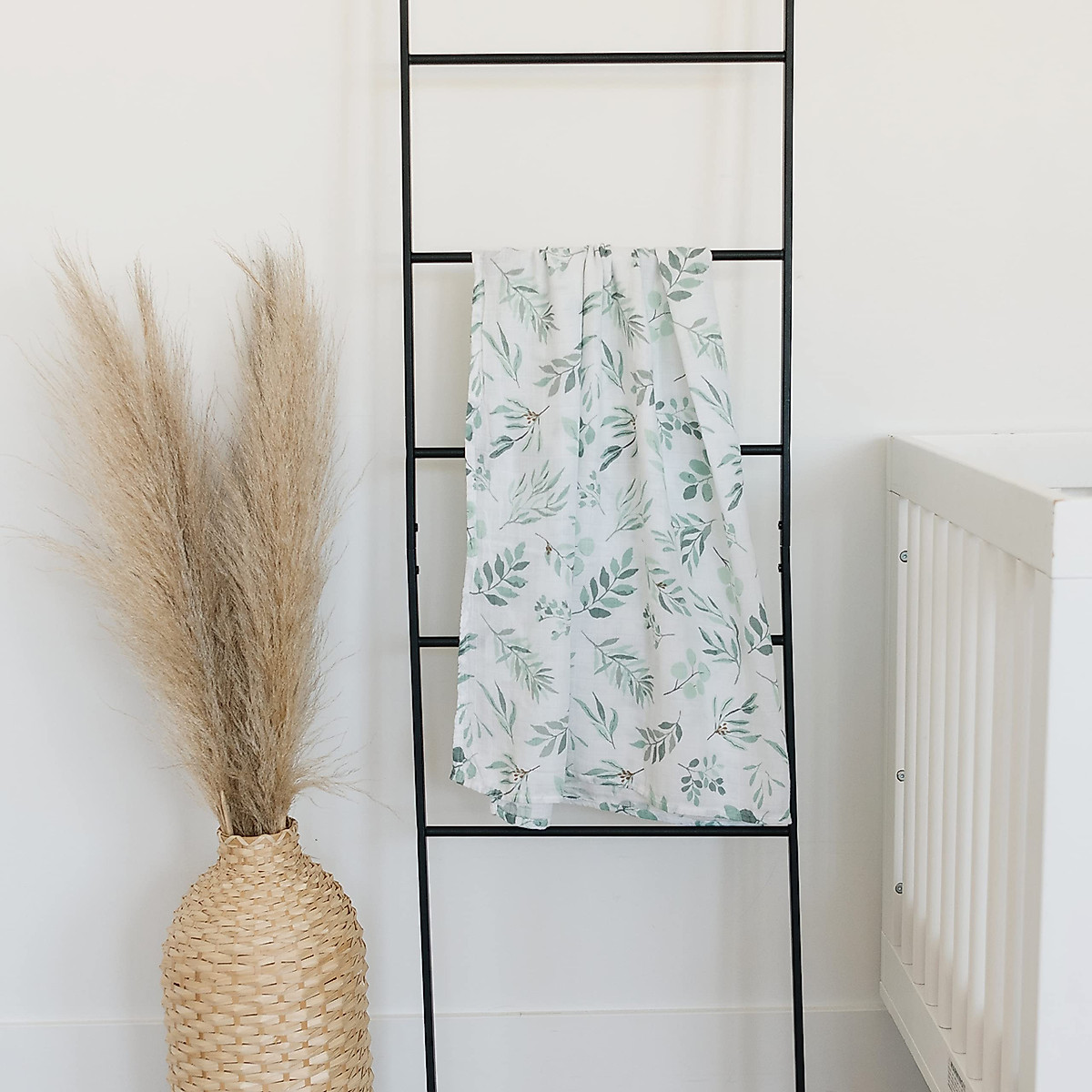 Organic Swaddle Blanket and Hat Set - Boho Baby Receiving Blanket Neutral - Soft Organic Cotton and Bamboo Muslin Swaddle Blanket, Eucalyptus Leaves, Birth Announcement Card, 47" x 47"